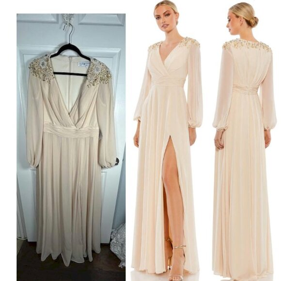 Mac Duggal | Dresses | Mac Duggal Porcelain Beige Embellished Shoulder ...